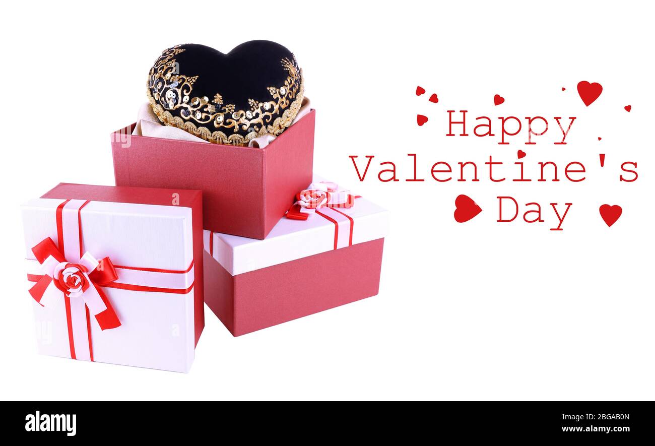 Stack of gift boxes and decorative heart, isolated on white Stock Photo ...