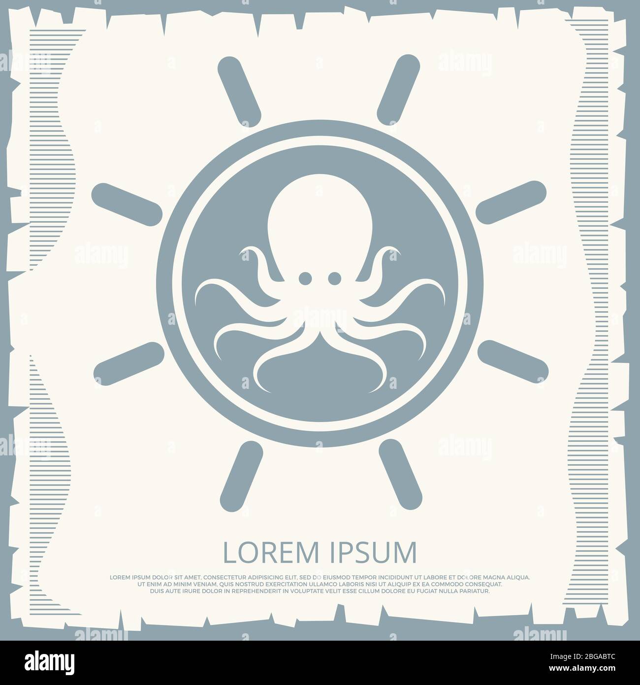 Retro handwheel and octopus emblem - sea or ocean label design. Vector ...