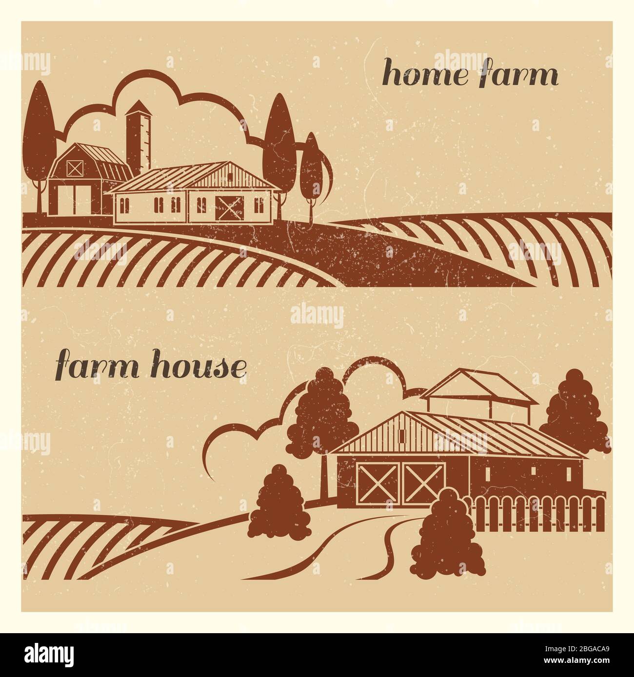 Vintage countryside landscape with farm scene - grunge farm houses ...