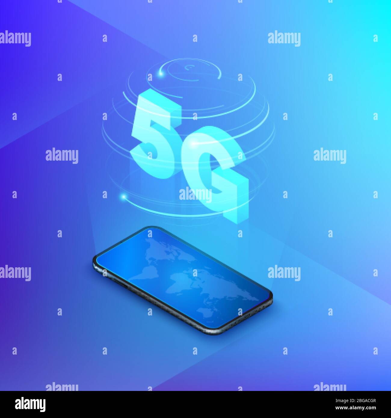 5g fast mobile networks. Mobile phone with global map on screen and ...