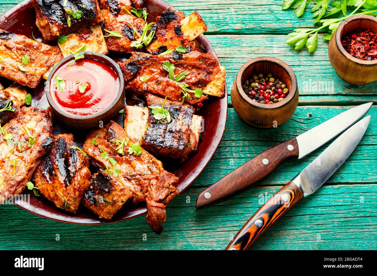 BBQ grilled ribs.Grilled juicy barbecue beef ribs in a plate Stock ...