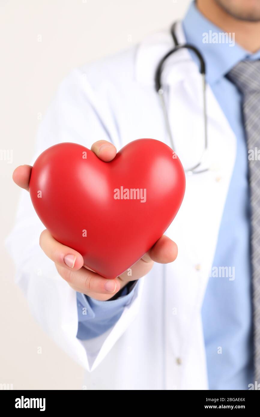 Male Doctor with red heart in his hands, isolated on white background ...