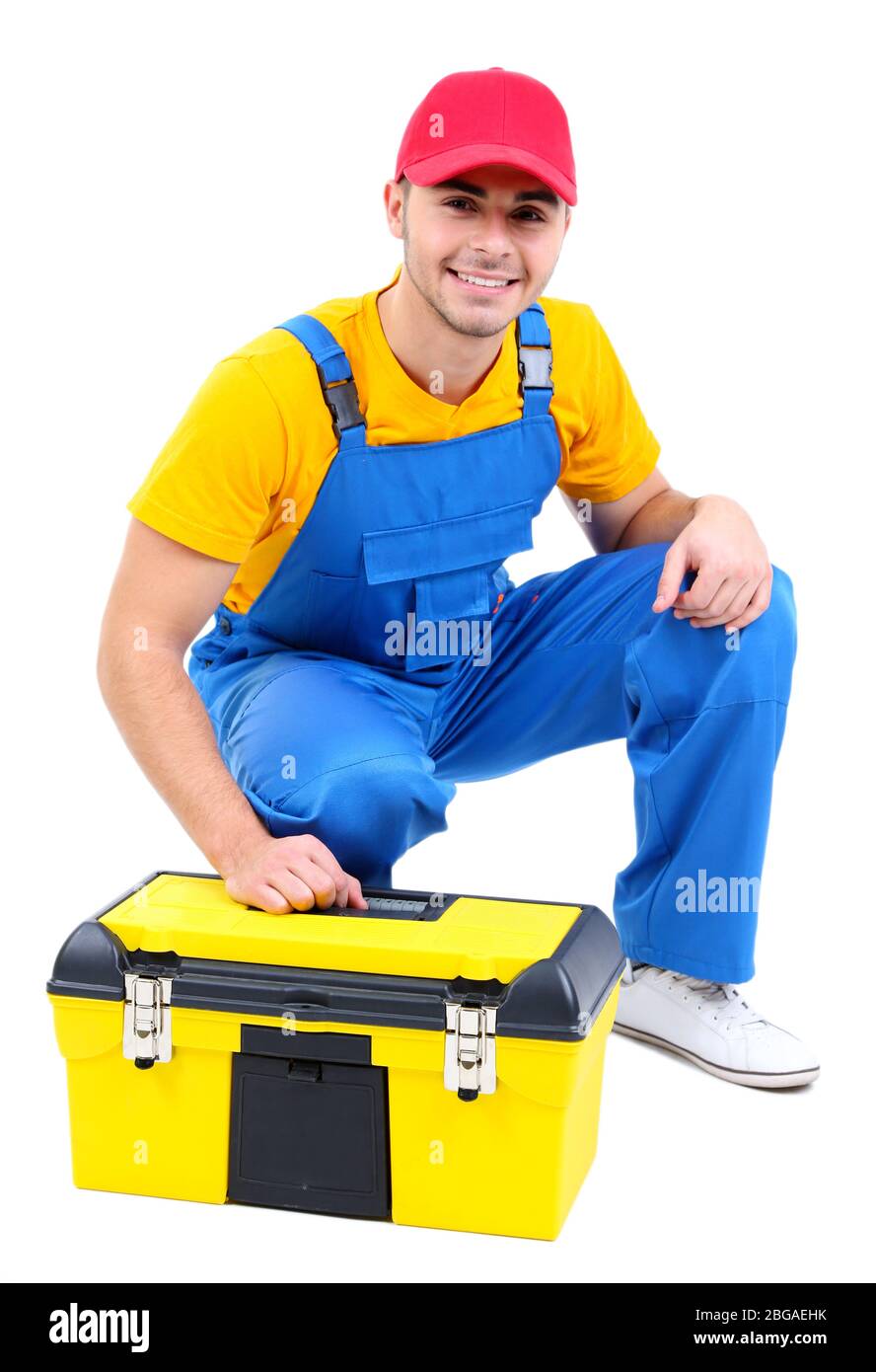 Male worker with toolbox isolated on white Stock Photo - Alamy