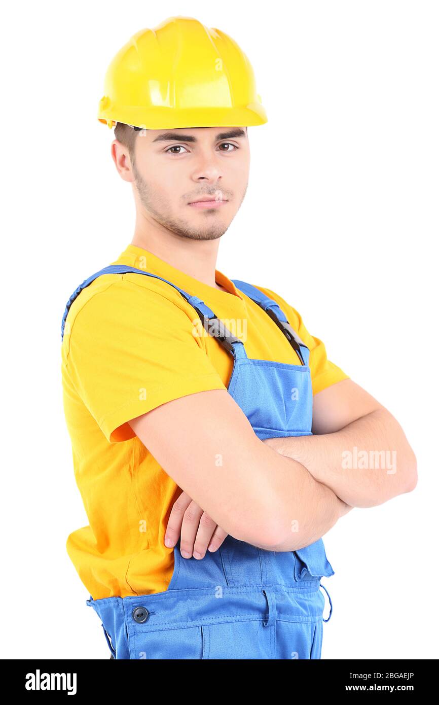 Male builder in yellow helmet isolated on white Stock Photo - Alamy