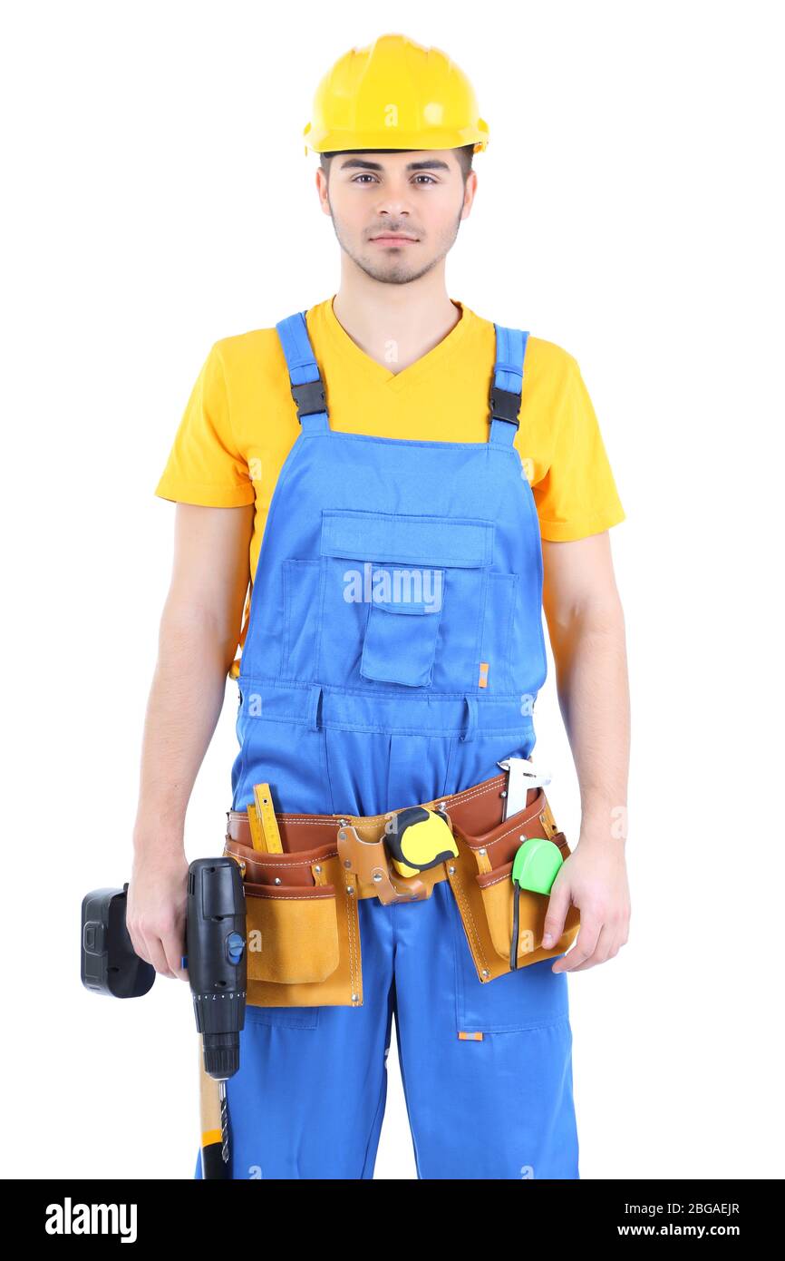 Male builder in yellow helmet isolated on white Stock Photo - Alamy