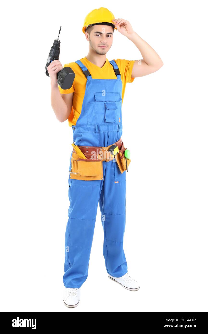 Male builder in yellow helmet isolated on white Stock Photo - Alamy