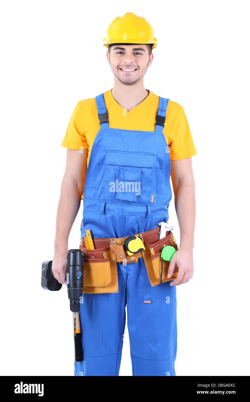 Male builder in yellow helmet isolated on white Stock Photo - Alamy
