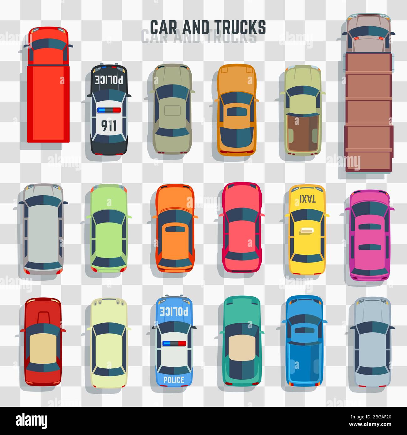 Cars and trucks top view isolated on transparent background. Vector ...