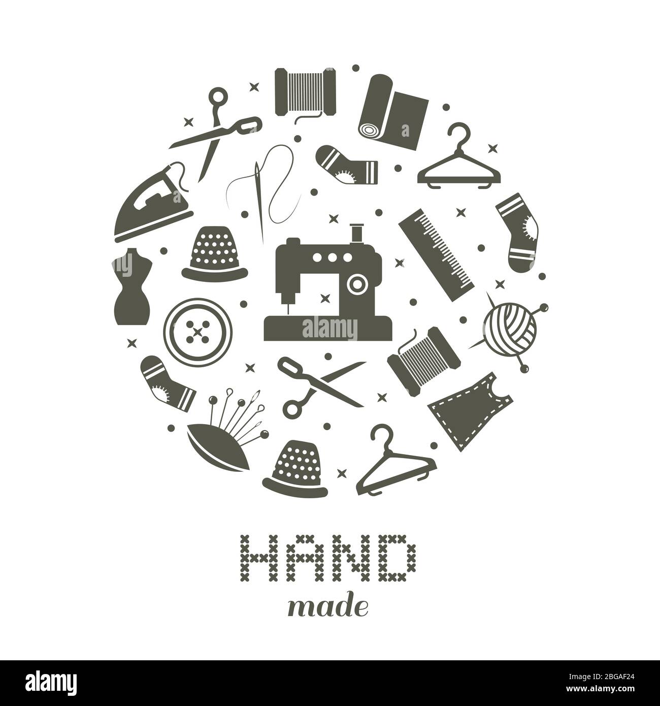 Handmade round concept with sewing and knitting icons. Vector ...