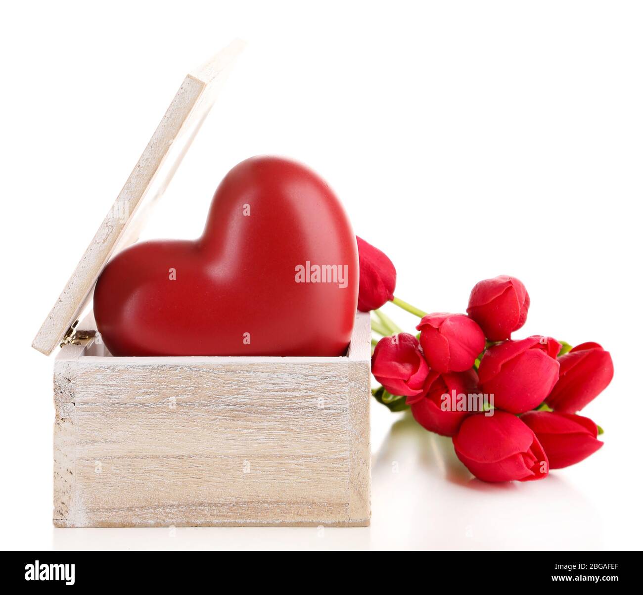 Heart in wooden casket and flowers, isolated on white background Stock ...