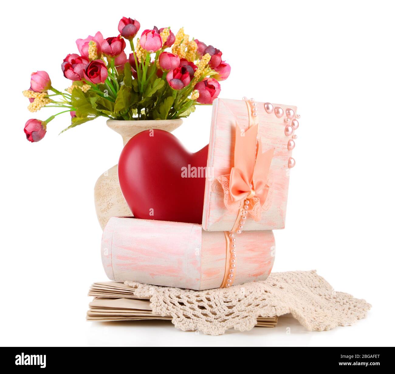 Still life with heart in wooden casket, isolated on white Stock Photo ...