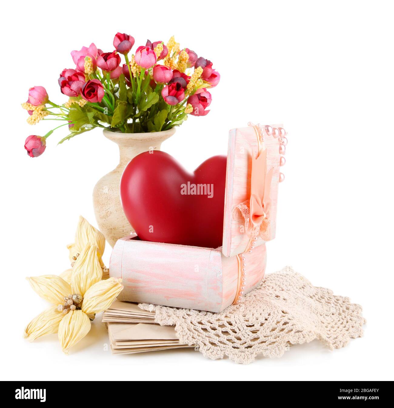 Still life with heart in wooden casket, isolated on white Stock Photo ...