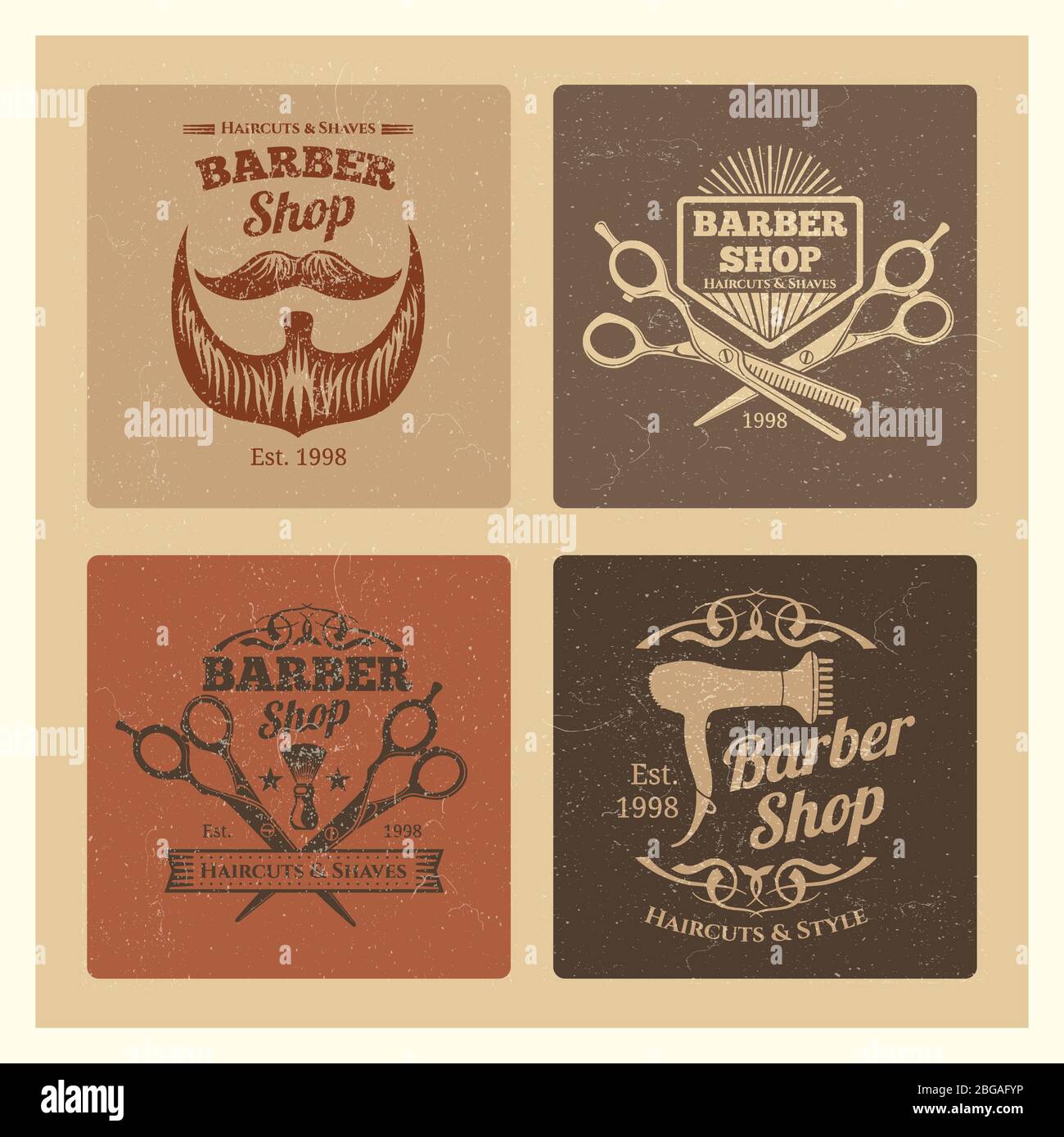 Grunge vintage barber shop labels vector design. Set of retro emblems ...