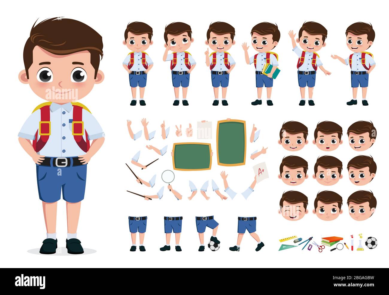 School boy character creation, kit vector set. Back to school pre ...