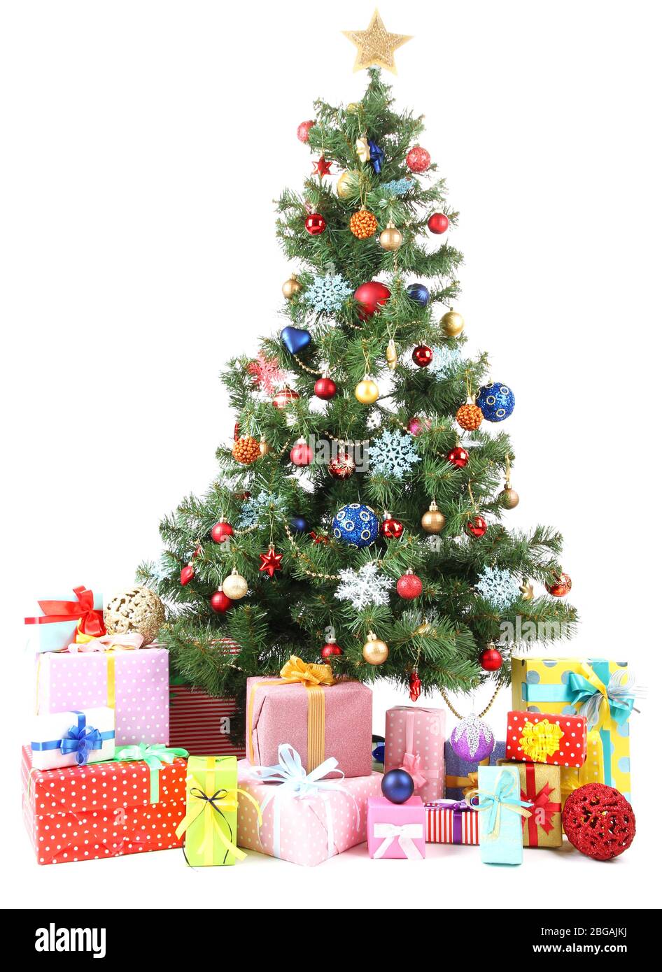 Decorated Christmas tree with gifts isolated on white Stock Photo - Alamy