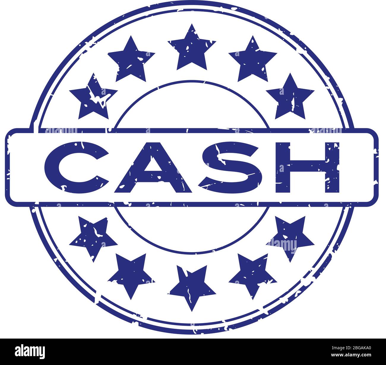 Grunge blue cash word with star icon round rubber seal stamp on whtie ...