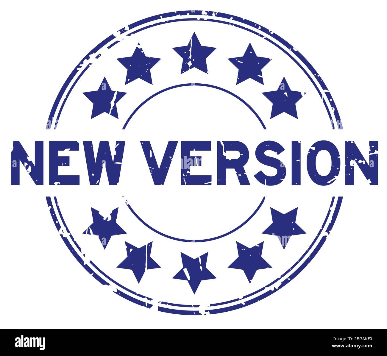 Grunge blue new version word with star icon round rubber seal stamp on ...