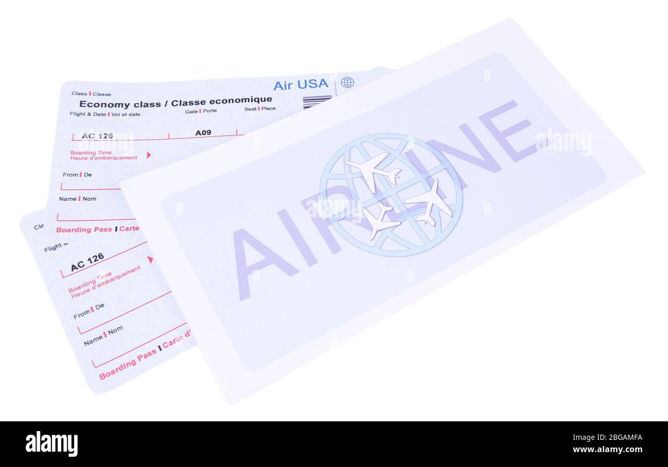 Airline tickets isolated on white Stock Photo - Alamy