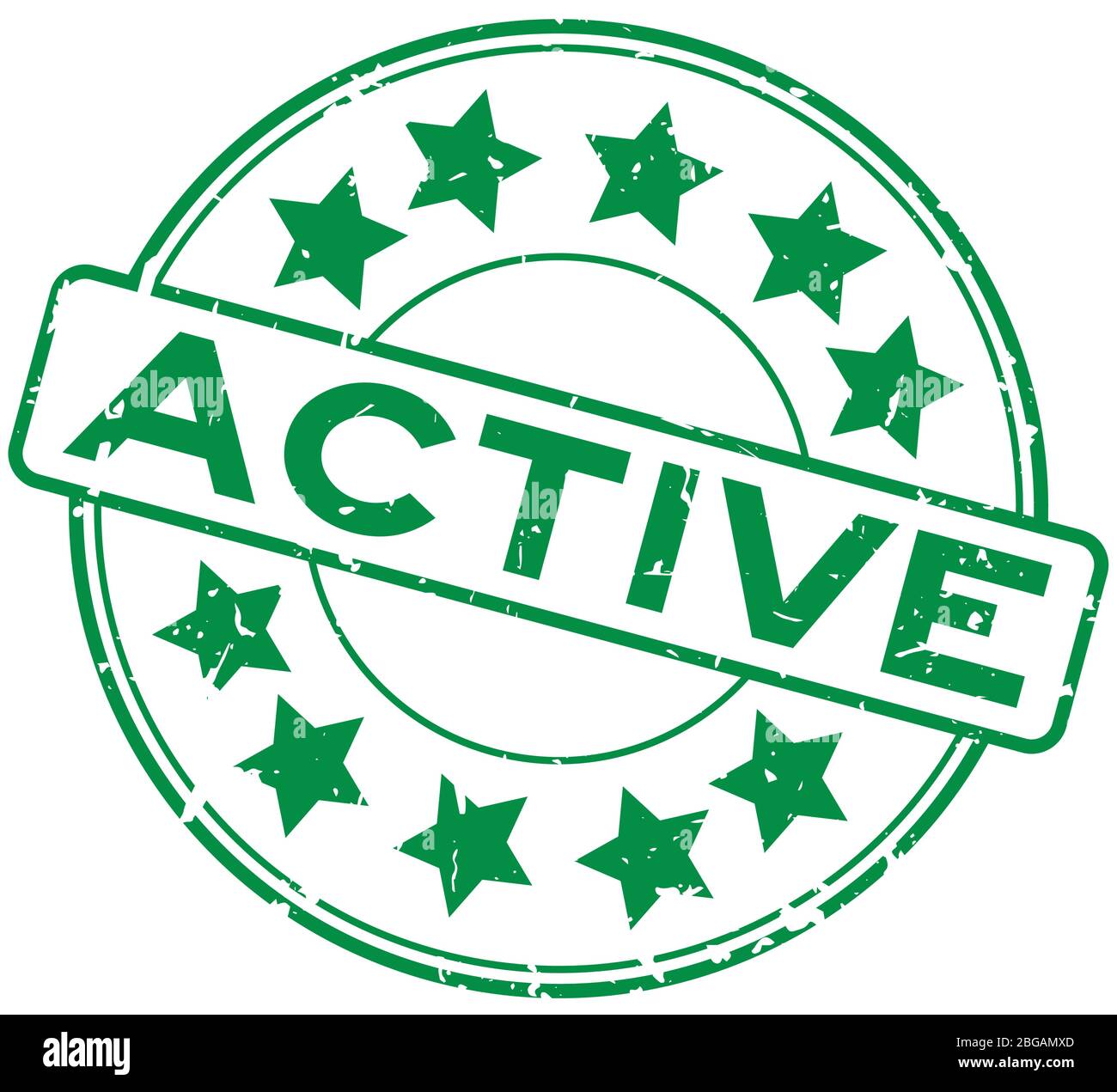 Grunge green active word with star icon round rubber seal stamp on ...