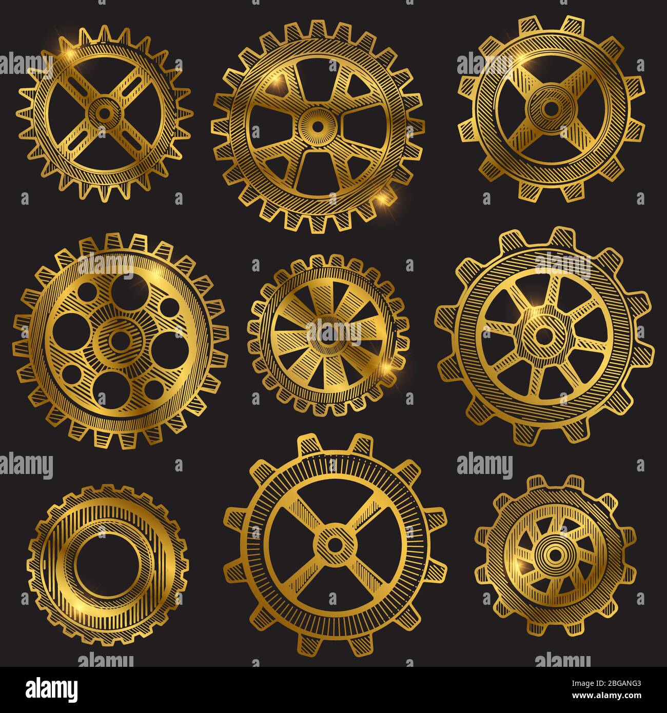 Golden retro sketch mechanical gears set on black background. Vector ...