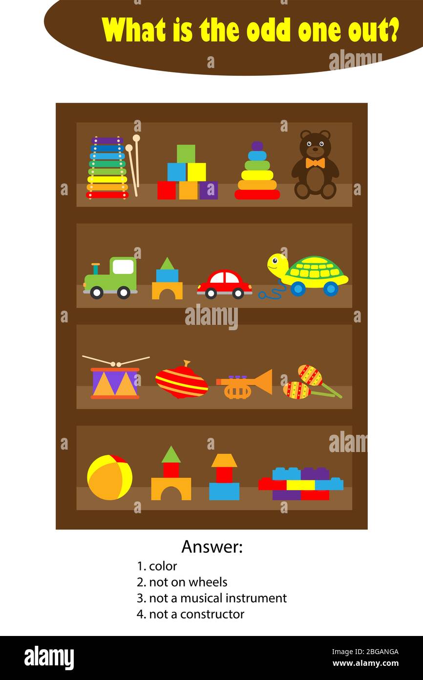 What is the odd one out for children, toys on shelves in cartoon style ...