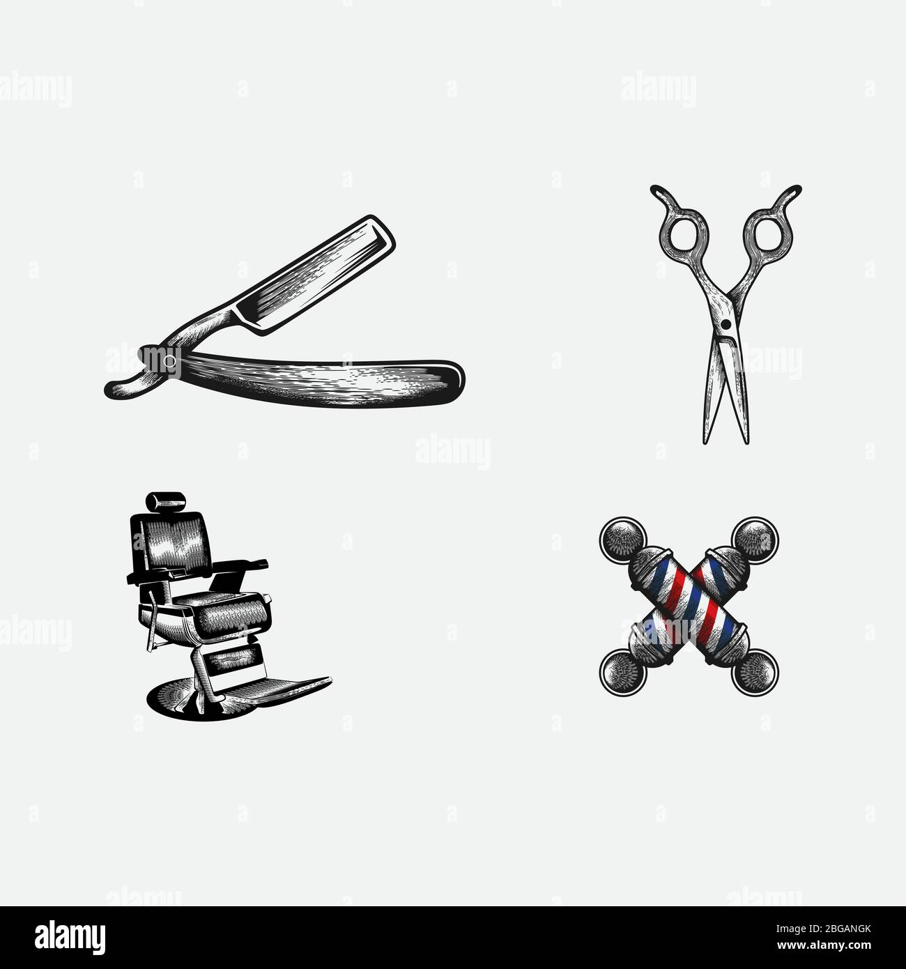 set hand drawn barber shop logo design. vector illustration pole razor ...