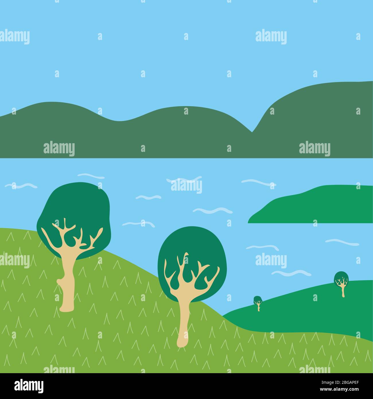 Nature Minimalistic Abstract Countryside View With Trees Mountains ...