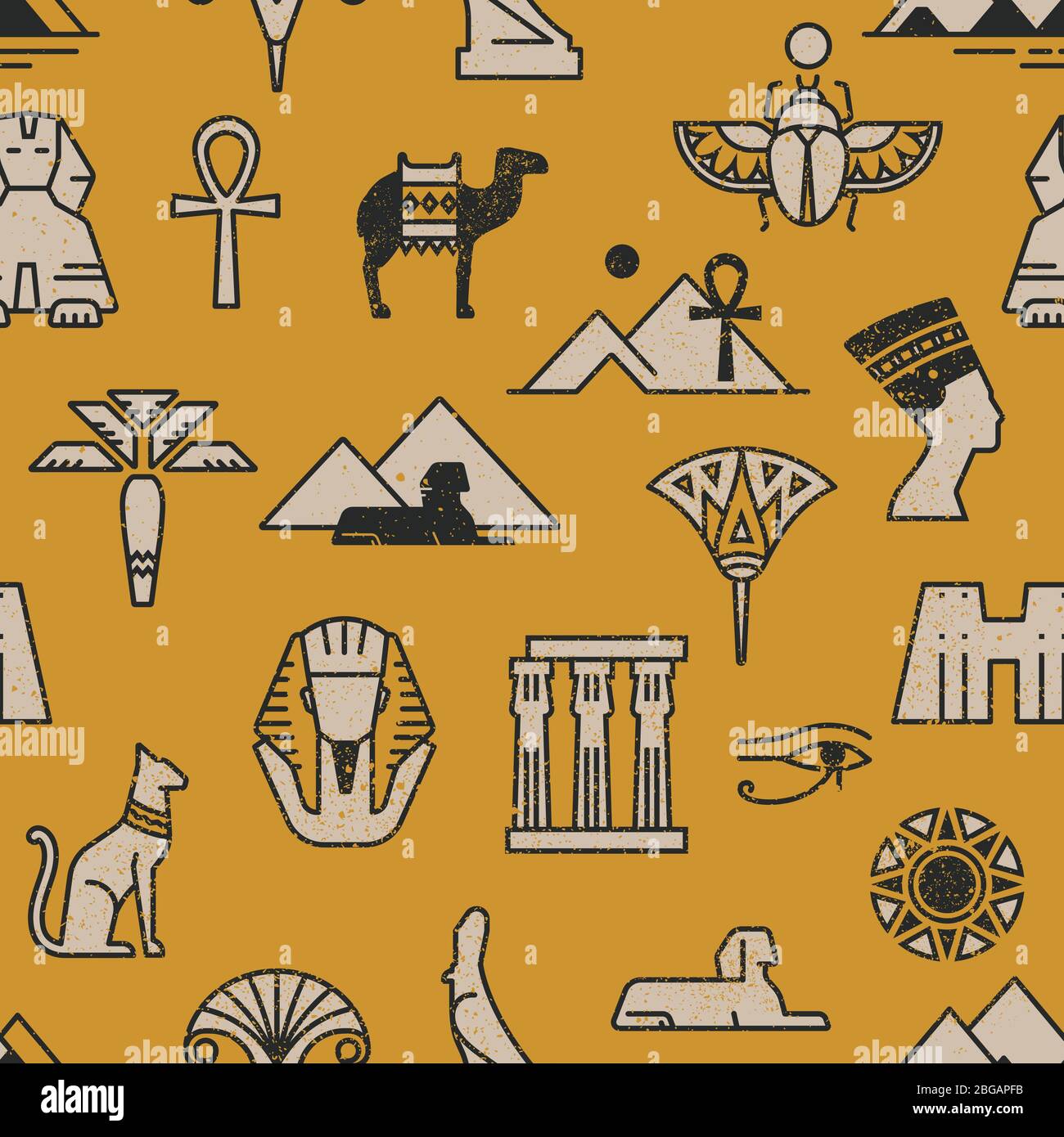 Dark seamless pattern of symbols, landmarks, and signs of Egypt from ...