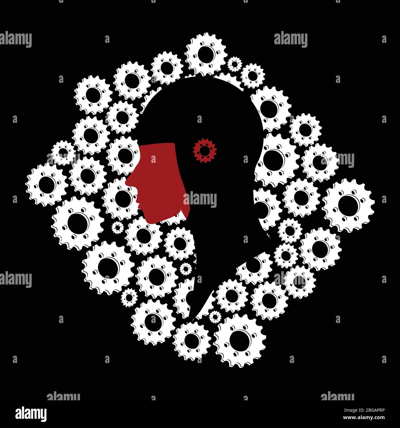Black And Red Head Profile Silhouette With Red Cog Over Close Up White ...