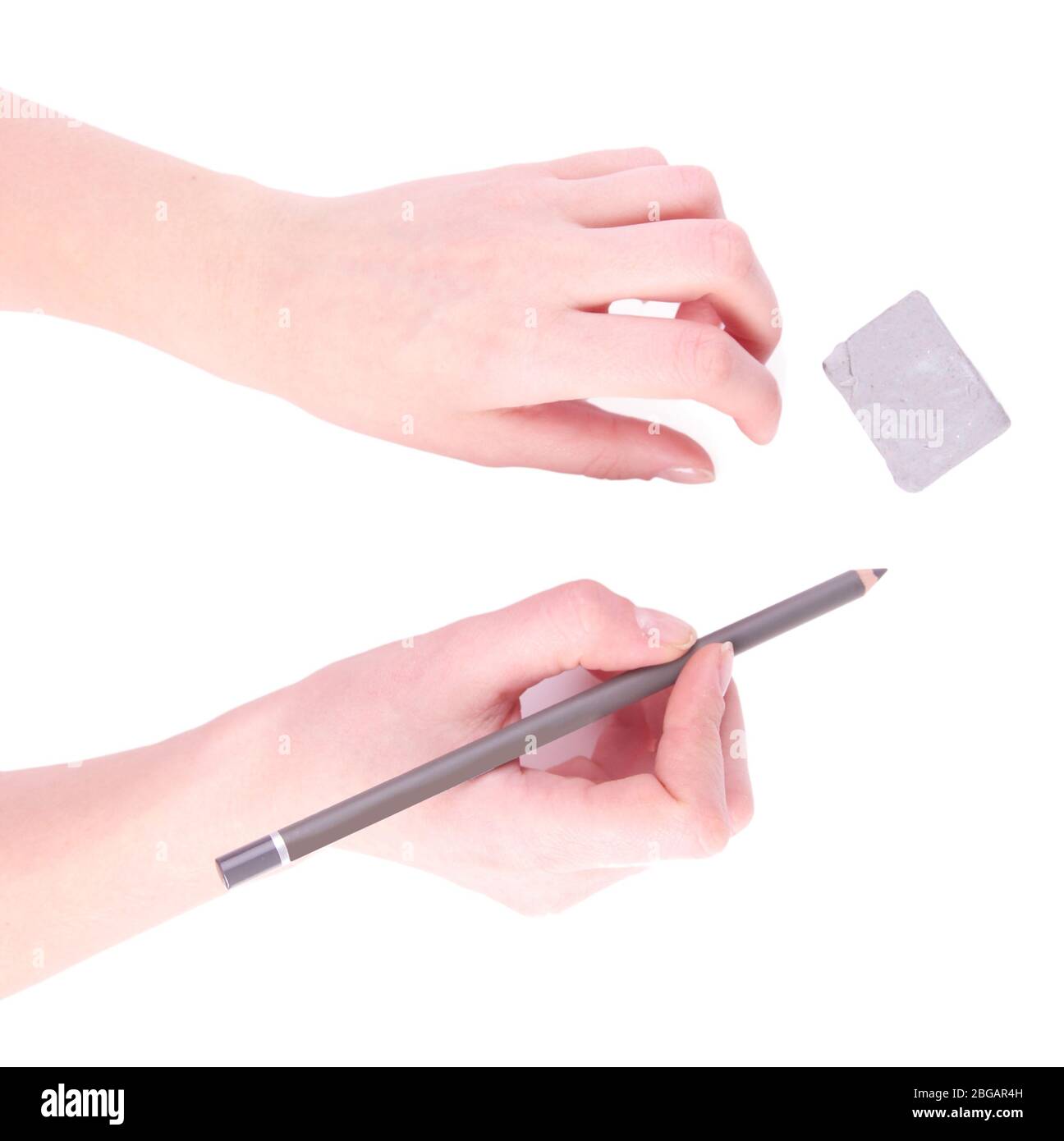Hands with pencil and eraser isolated on white Stock Photo - Alamy