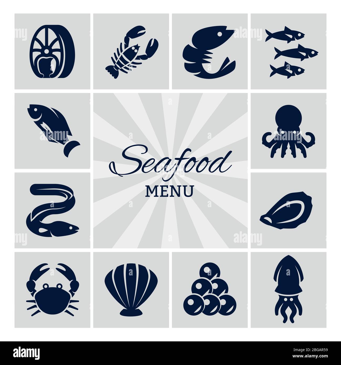 Sea food menu silhouette icons on grey backdrop. Vector illustration ...