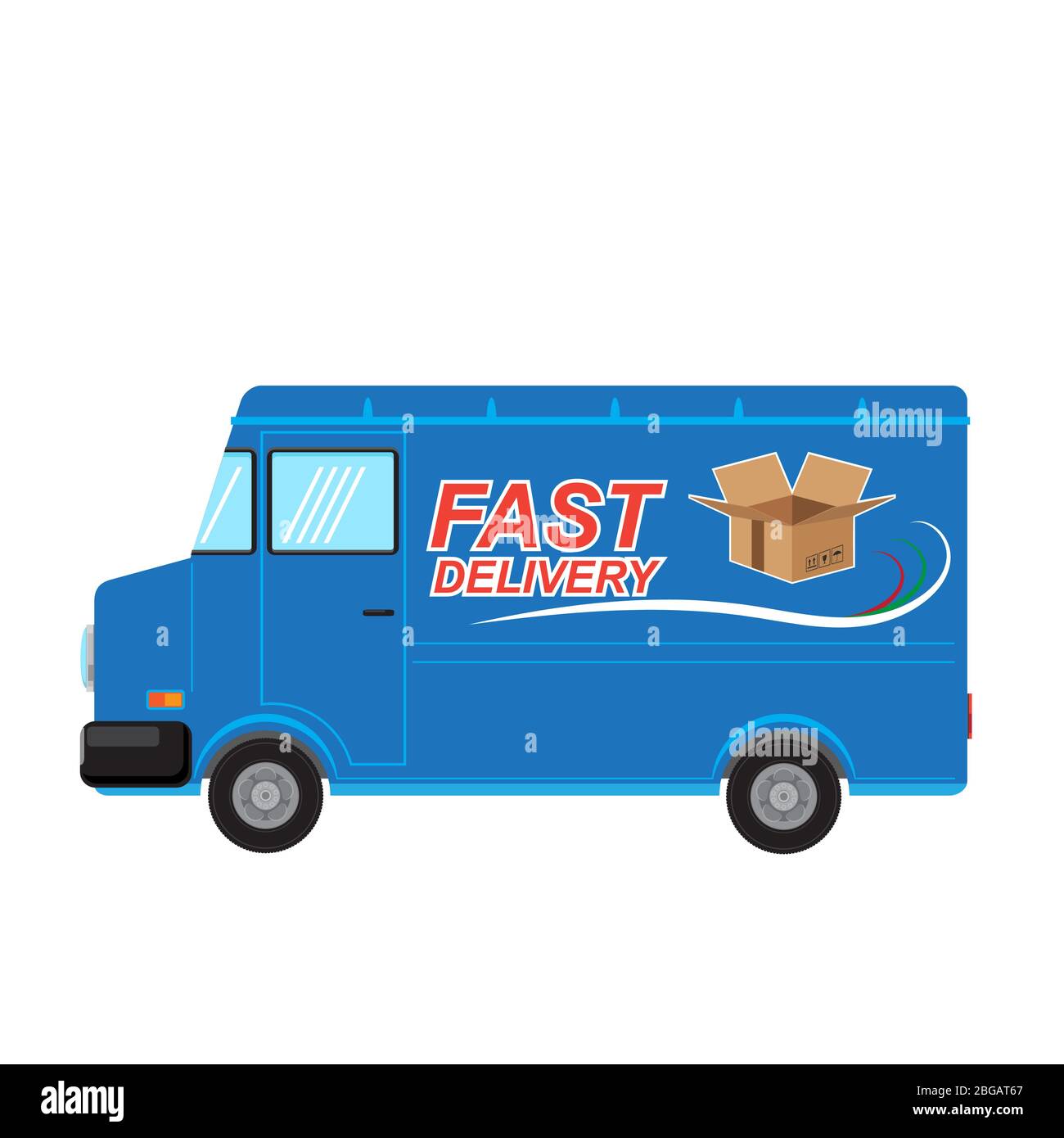 Fast Delivery Logo Design with Open Paper Box on Blue Truck. Side View ...