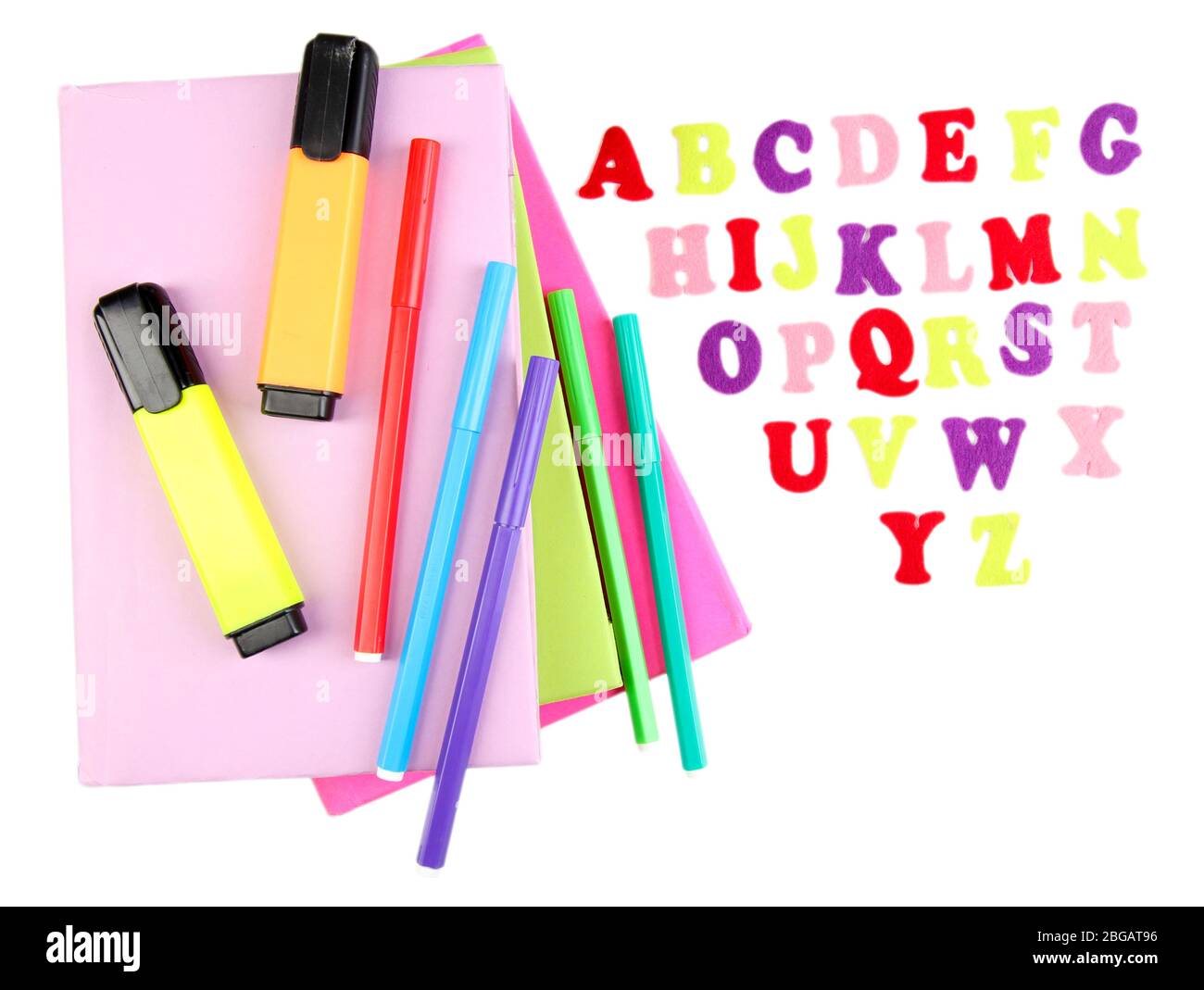 English alphabet, books and markers, isolated on white Stock Photo - Alamy