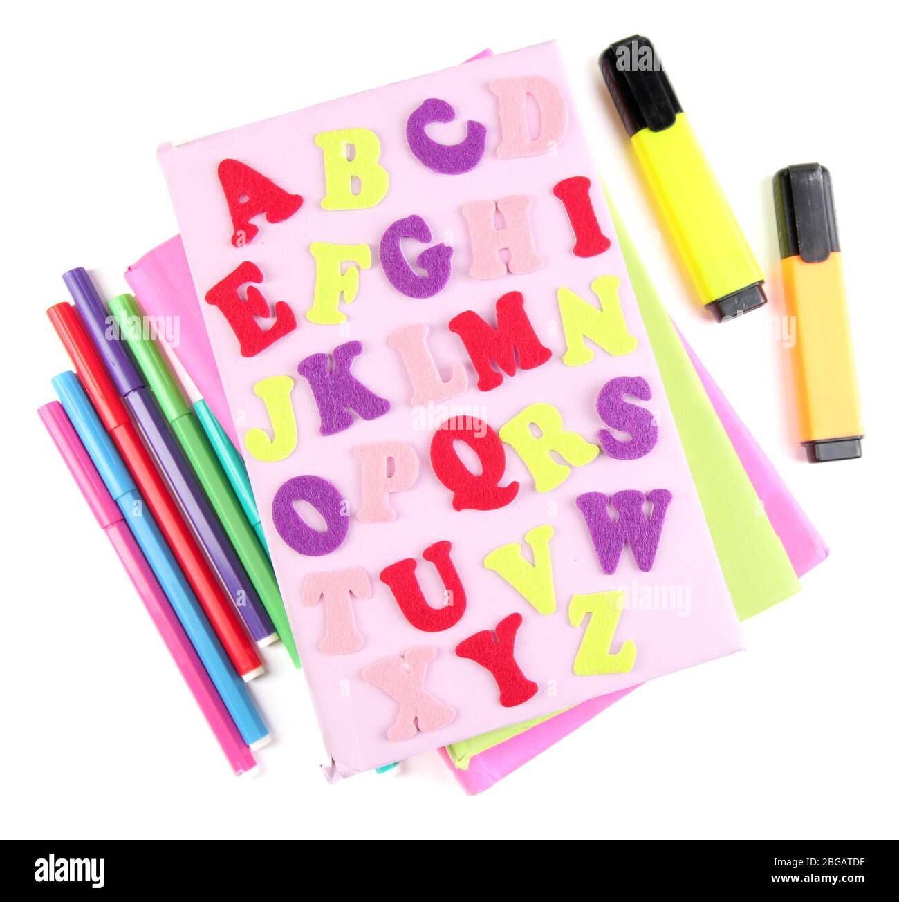 English alphabet, books and markers, isolated on white Stock Photo - Alamy