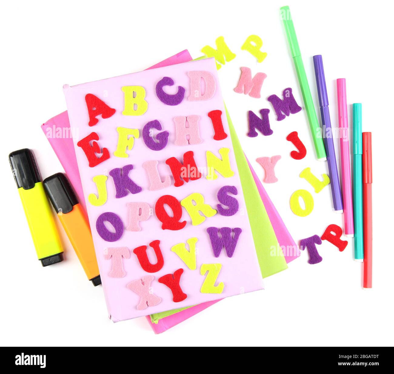English alphabet, books and markers, isolated on white Stock Photo - Alamy