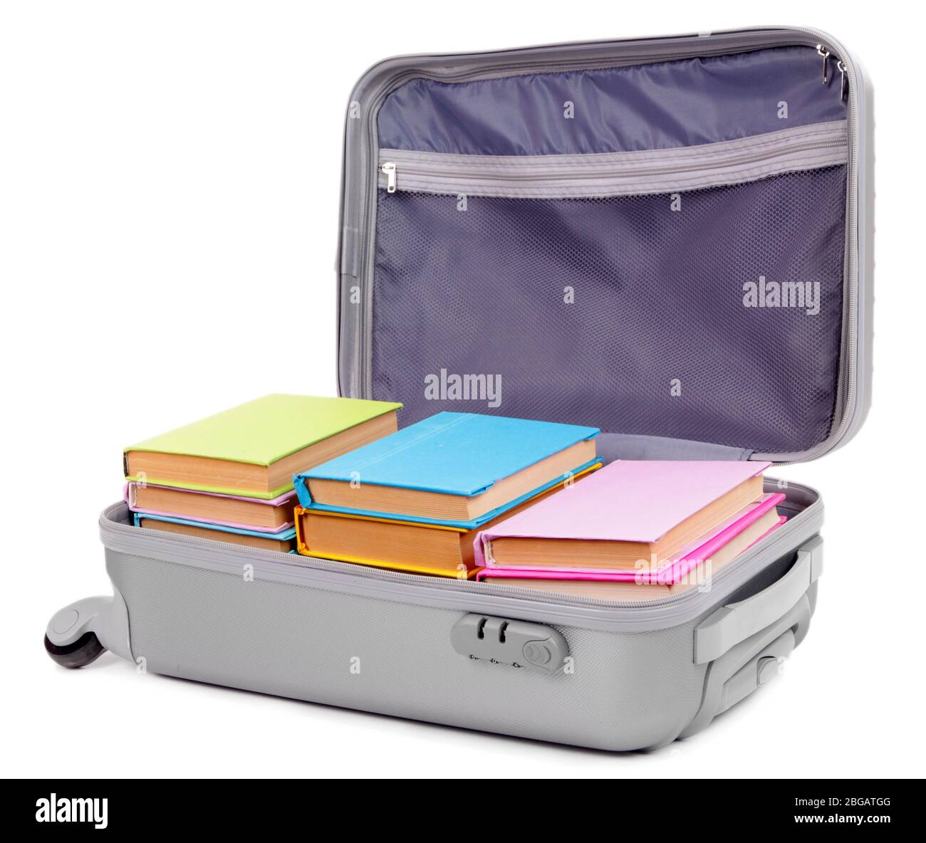 Suitcase with books isolated on white Stock Photo - Alamy