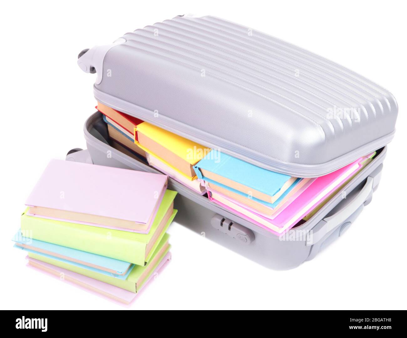 Suitcase with books isolated on white Stock Photo - Alamy