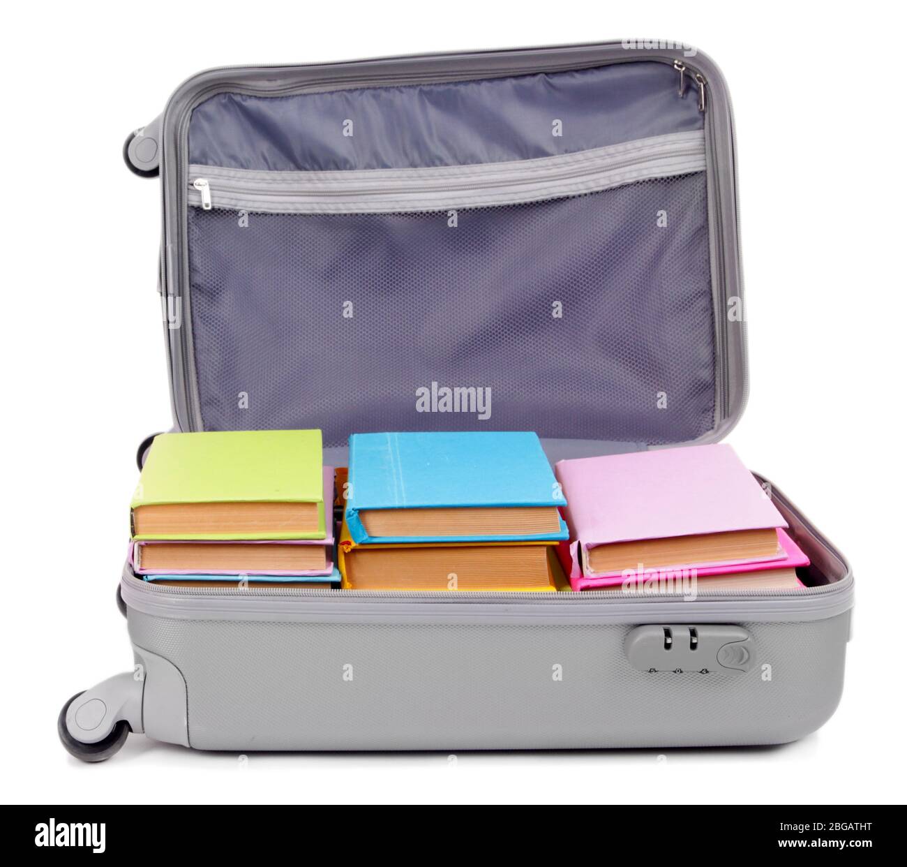 Suitcase with books isolated on white Stock Photo - Alamy