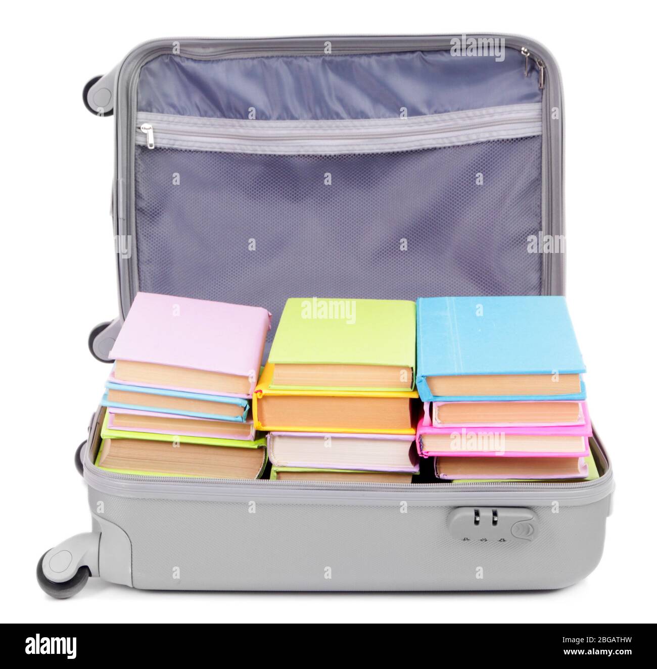 Suitcase with books isolated on white Stock Photo - Alamy