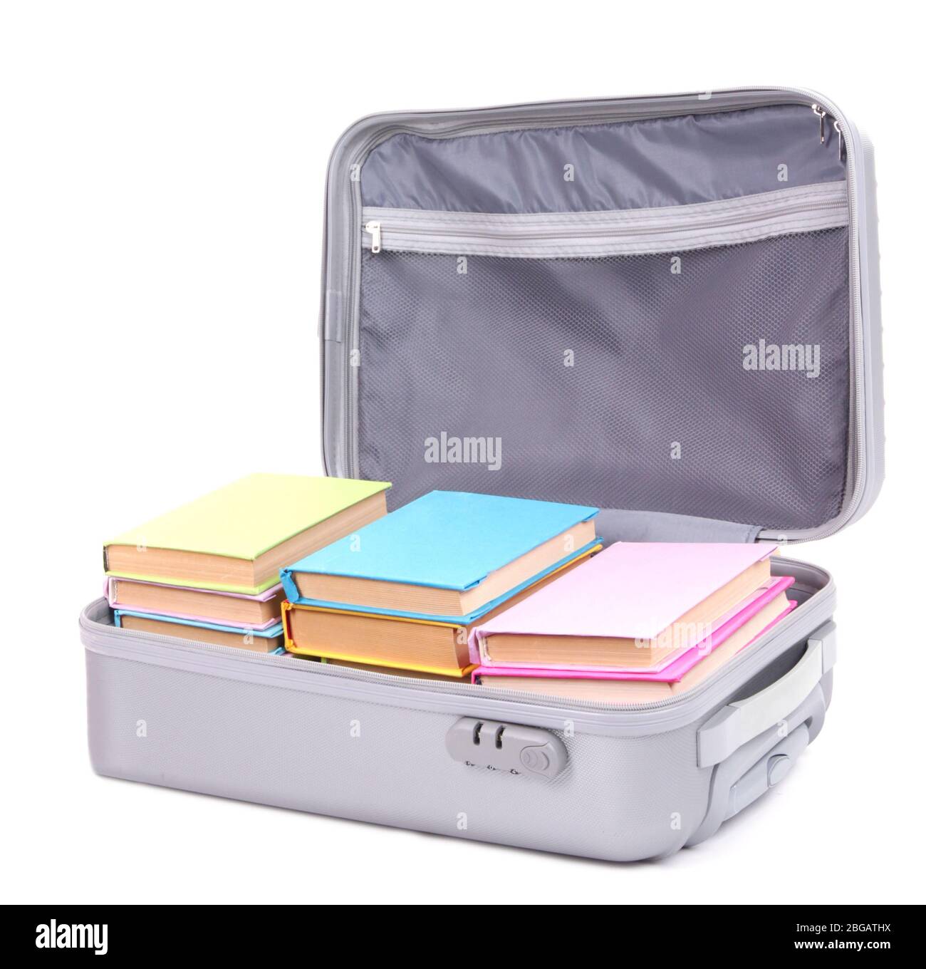 Suitcase with books isolated on white Stock Photo - Alamy