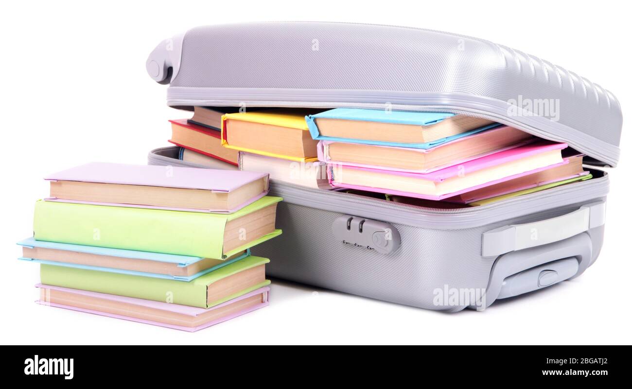 Suitcase with books isolated on white Stock Photo - Alamy