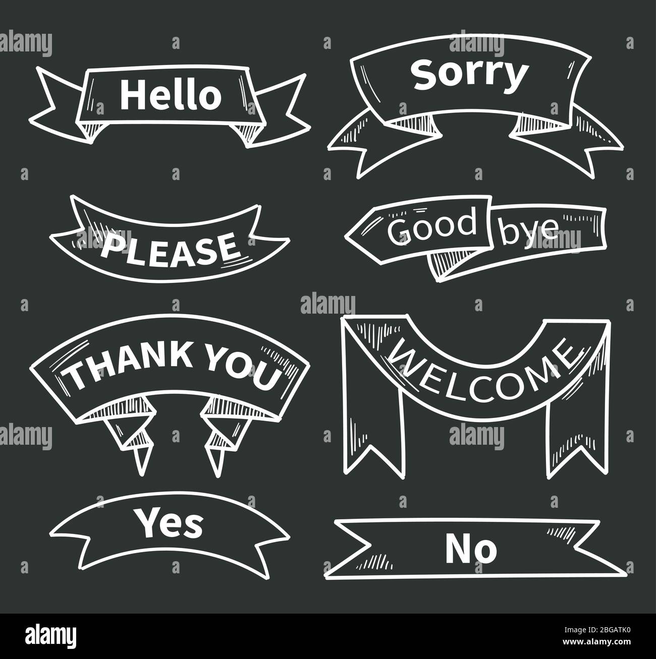 Dialog words on ribbons. Short phrases. Thank you, hello, please, yes ...