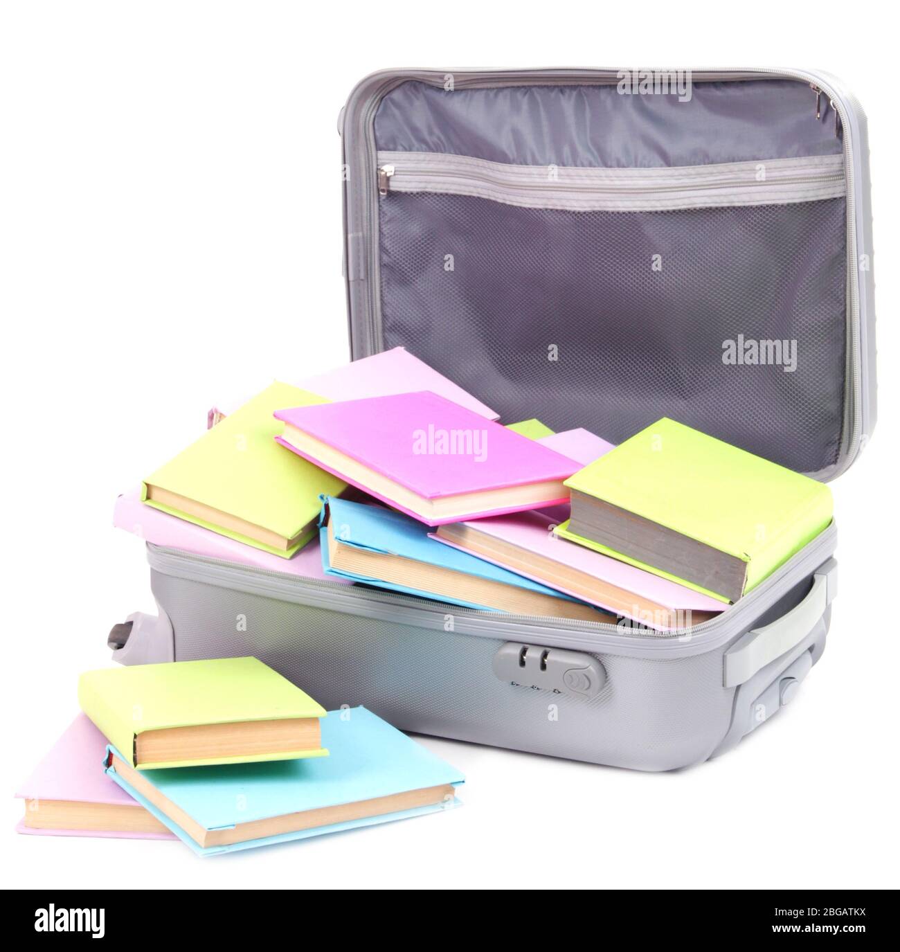 Suitcase with books isolated on white Stock Photo - Alamy