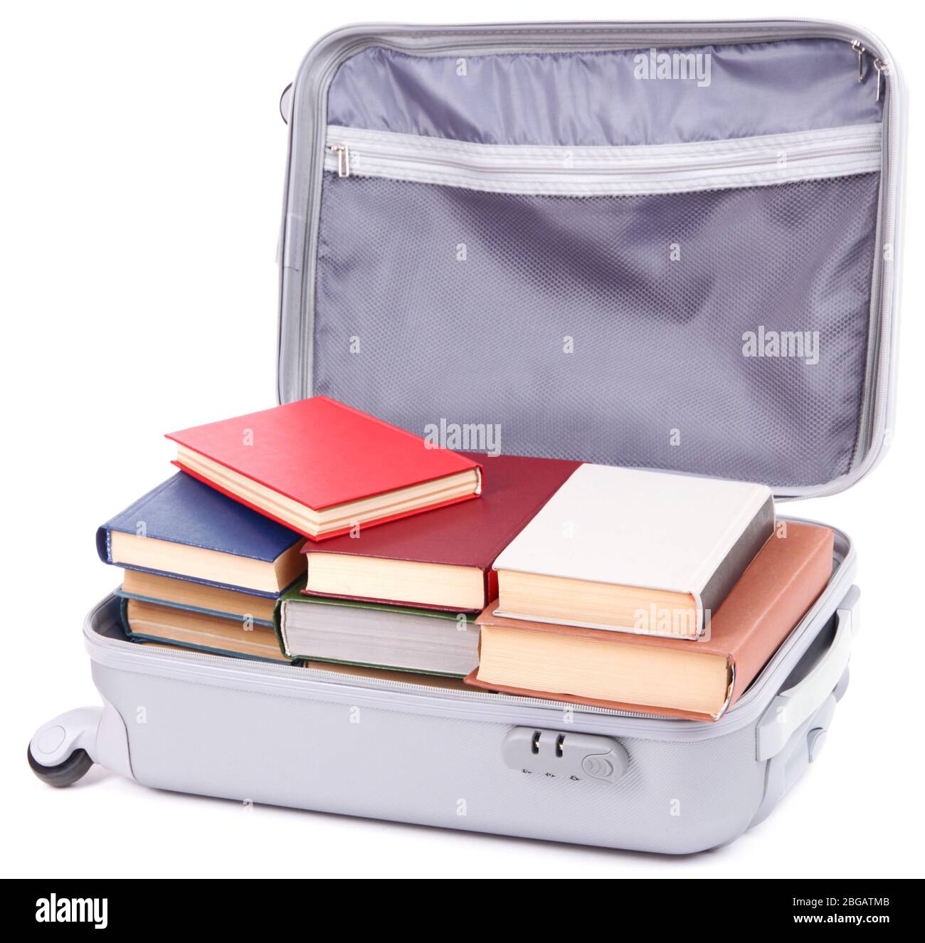 Suitcase with books isolated on white Stock Photo - Alamy