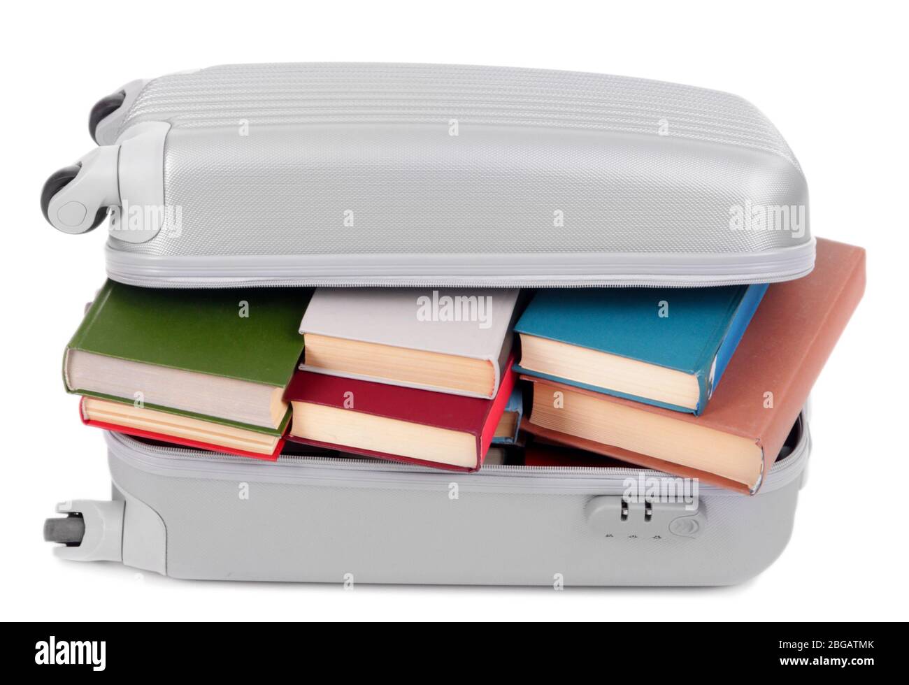 Suitcase with books isolated on white Stock Photo - Alamy