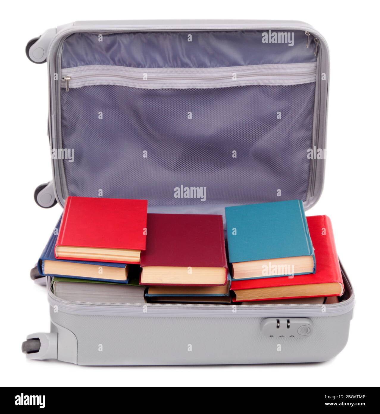 Suitcase with books isolated on white Stock Photo - Alamy