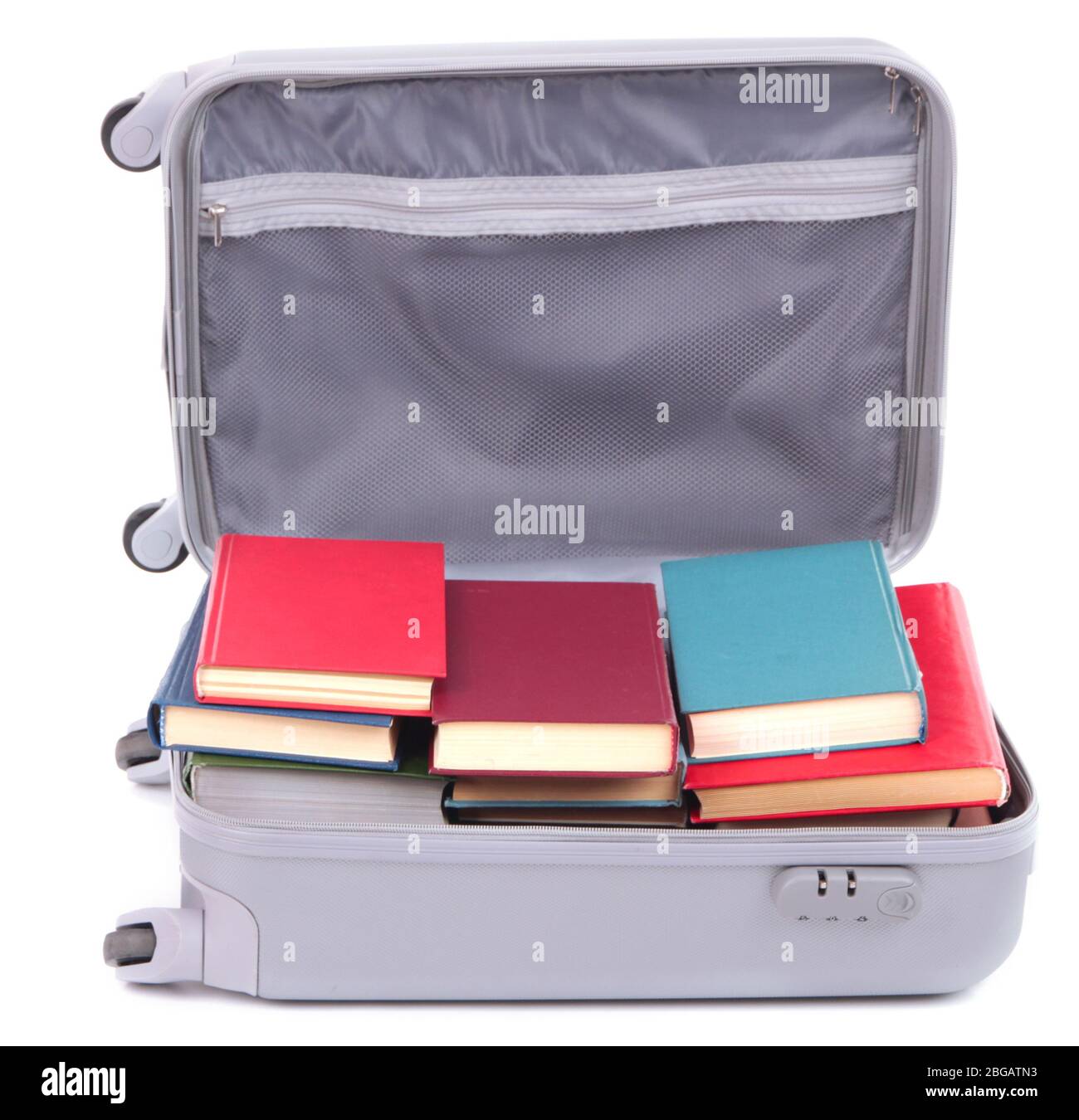 Suitcase with books isolated on white Stock Photo - Alamy