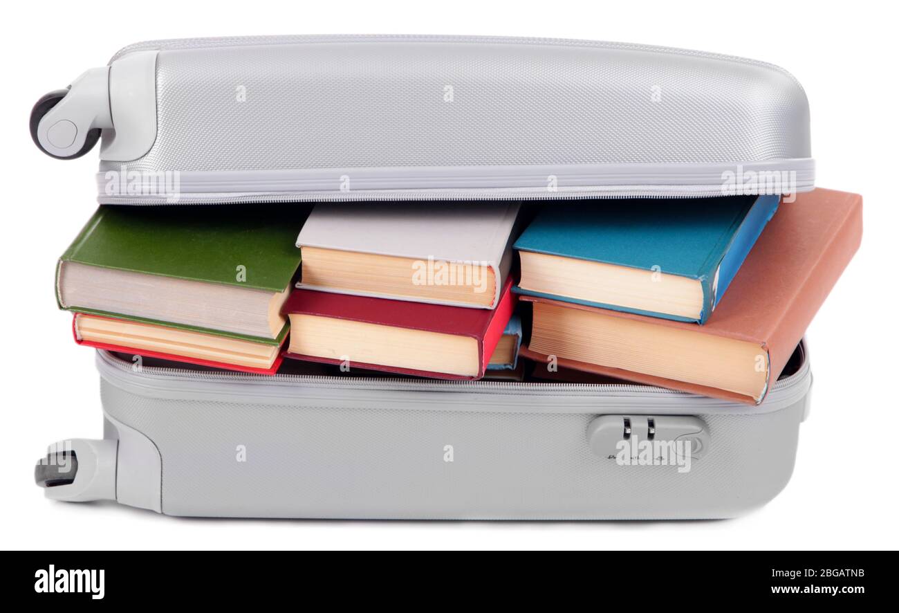 Suitcase with books isolated on white Stock Photo - Alamy