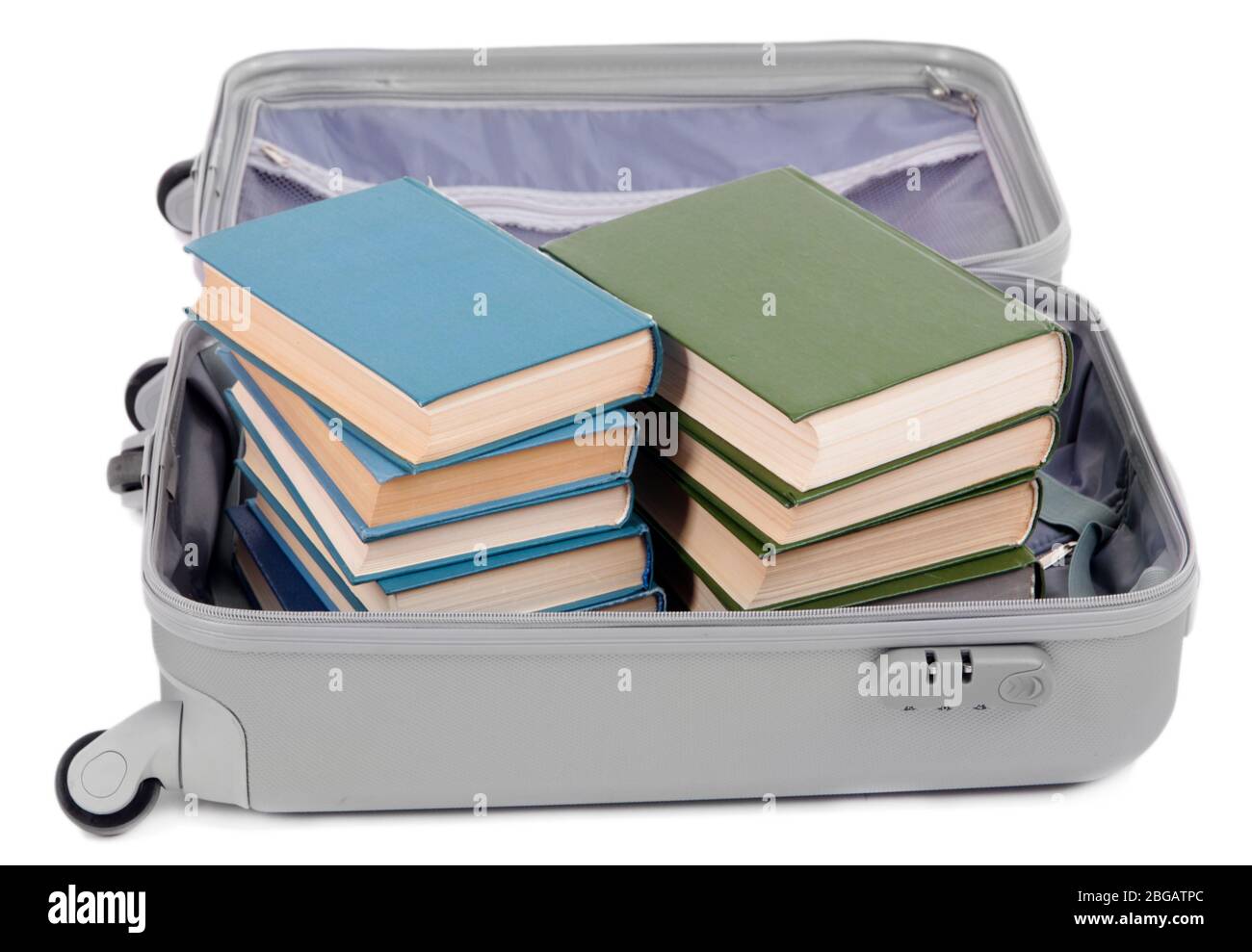 Suitcase with books isolated on white Stock Photo - Alamy