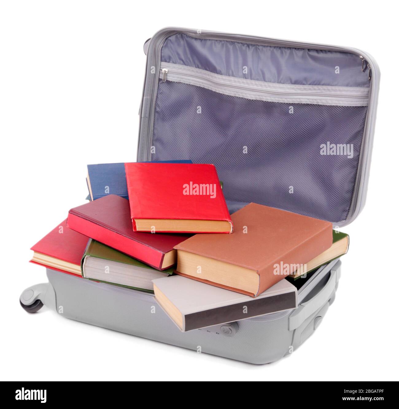 Suitcase with books isolated on white Stock Photo - Alamy